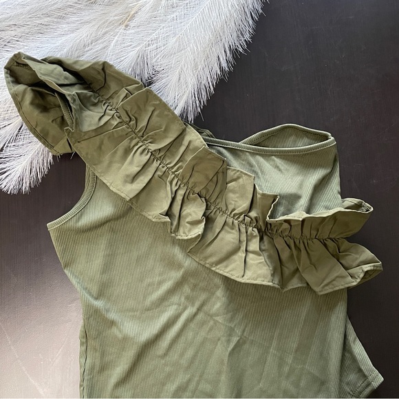 Tops | Olive Green One Shoulder Ruffle Trim Bodysuit | Poshmark